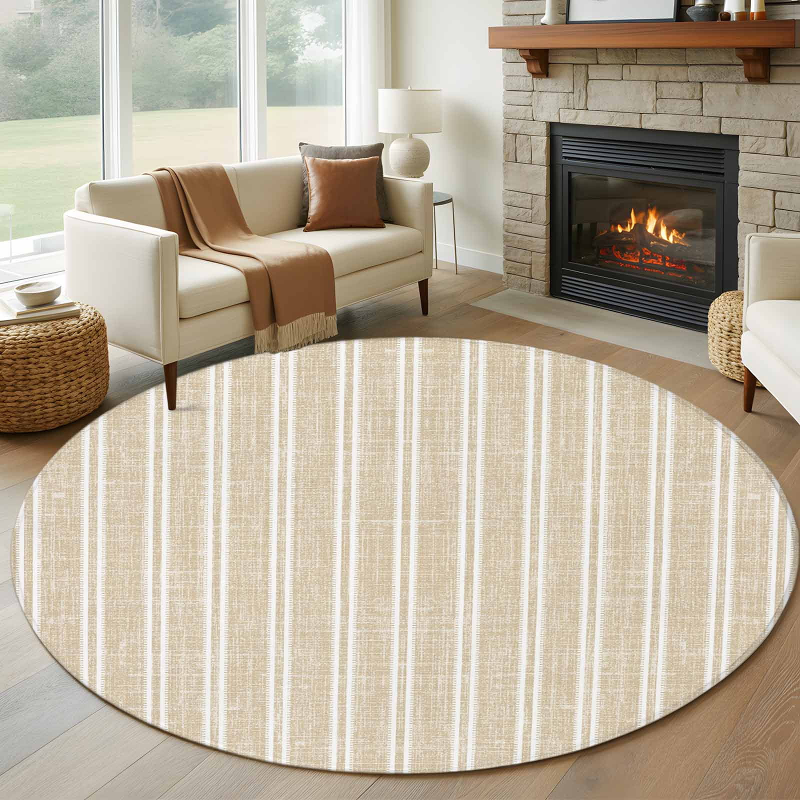 Beige White Stripes 6FT Round Area Rugs for Living Room Rustic Warm ...