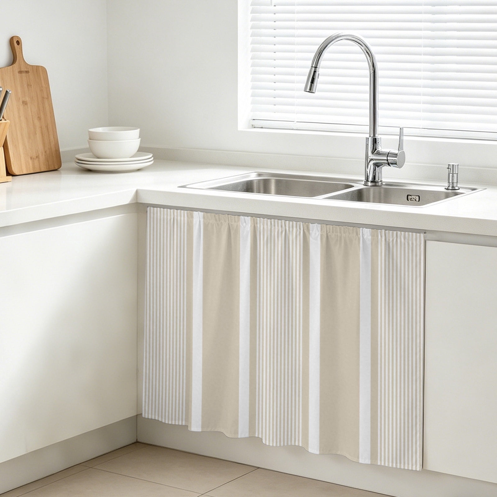 Beige White Stripes Cabinet Curtain, Lines Modern Vertical Stripes Sink ...
