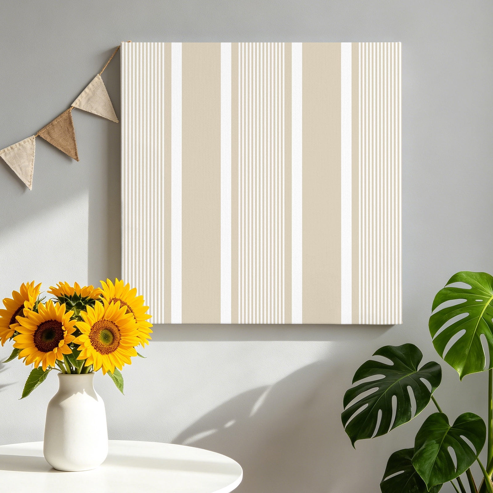 Beige White Stripes Canvas Wall Art for Living Room, Lines Modern ...