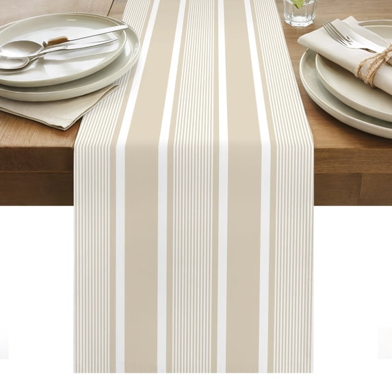 Beige White Stripes Cotton Linen Table Runner Lines Modern Vertical ...