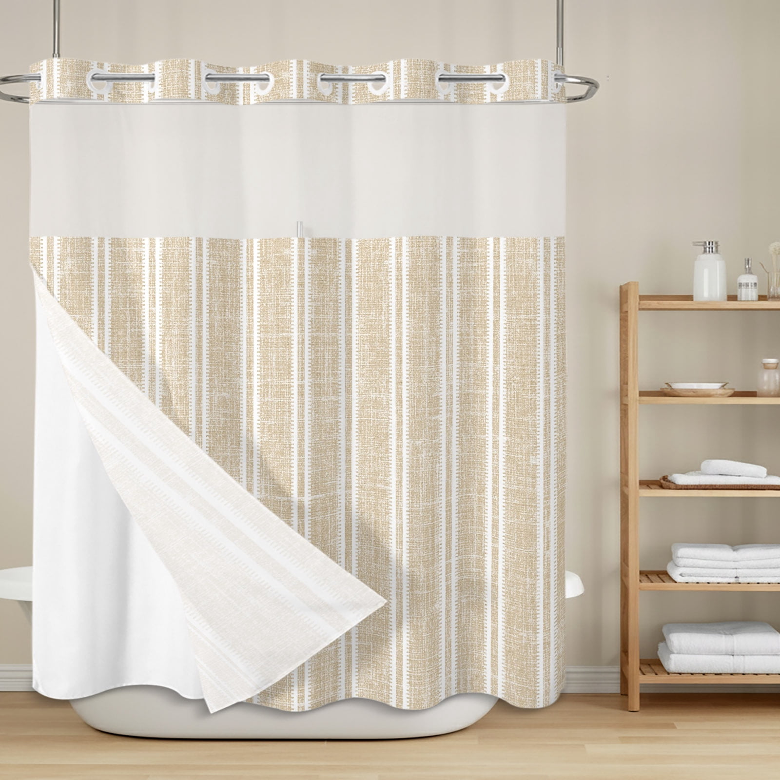 Beige White Stripes No Hook Shower Curtain with Snap in Liner, Rustic ...