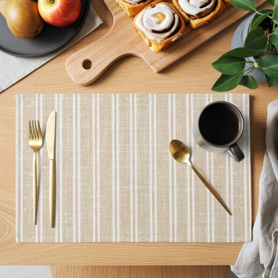 Beige White Stripes Placemats Set of 8, Rustic Warm Beige Lines Linen ...
