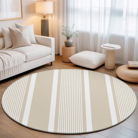 Beige White Stripes Round Living Room Rugs 6 ft, Lines Modern Vertical ...