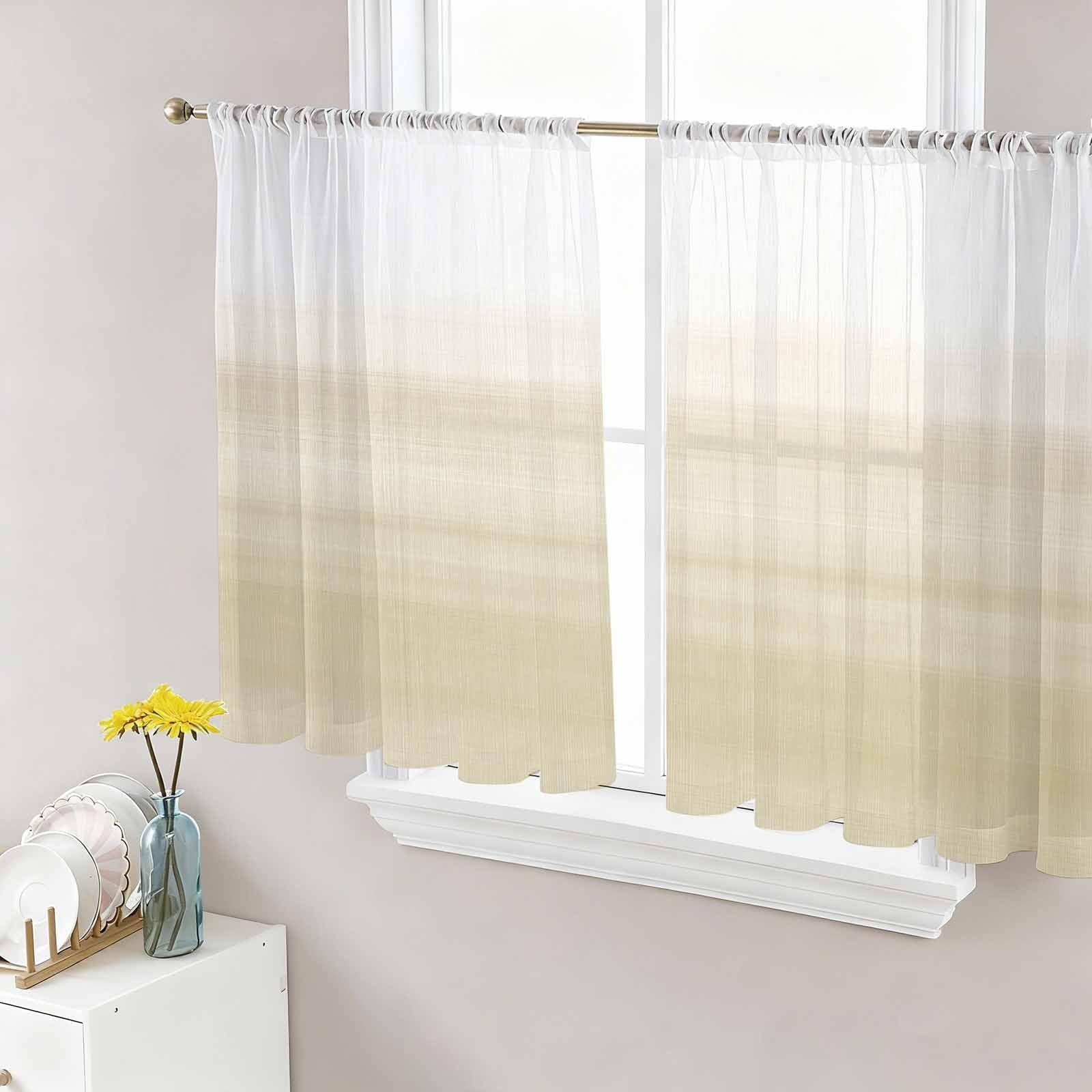 Beige White Stripes Semi Sheer Curtains 45 Inch Length 2 Panels Set ...
