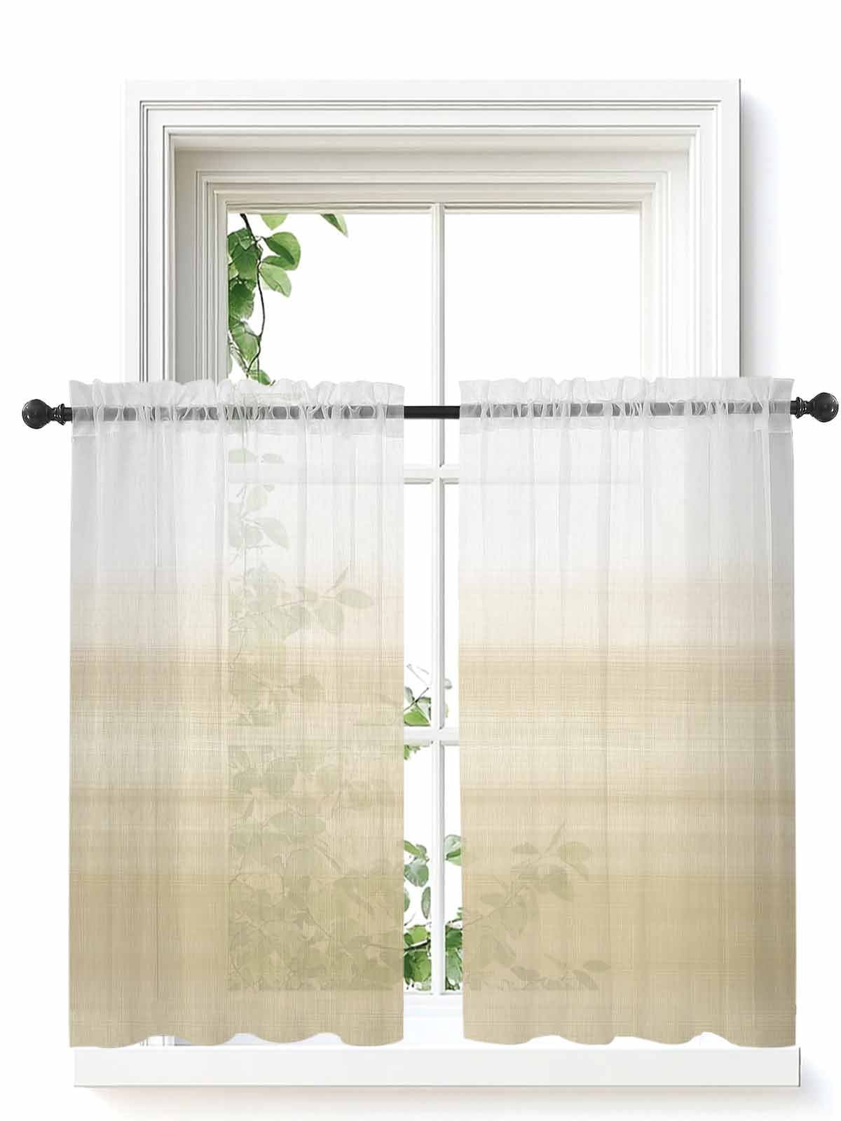 Beige White Stripes Tier Curtains 45 Inch Length,Sheer Curtains for ...
