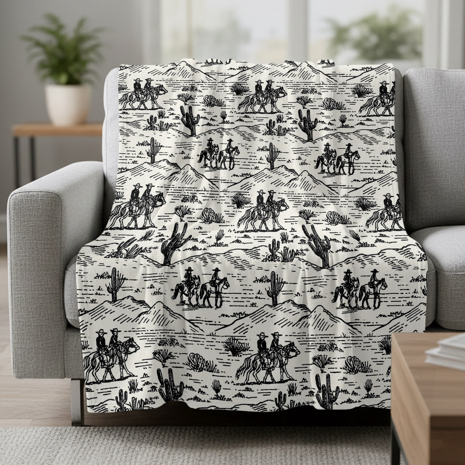Beige White Western Cowboy Fleece Throw Blanket Vintage Cactus Cowboy ...
