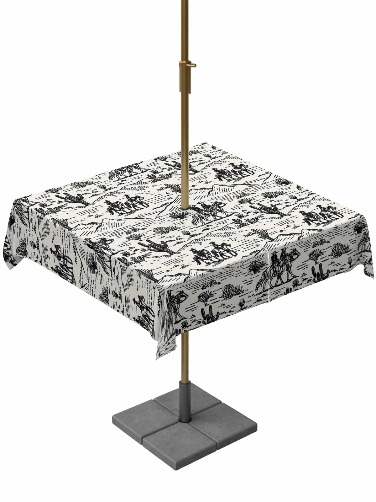 Beige White Western Cowboy Square Outdoor Tablecloth with Umbrella Hole Vintage Cactus Cowboy ...