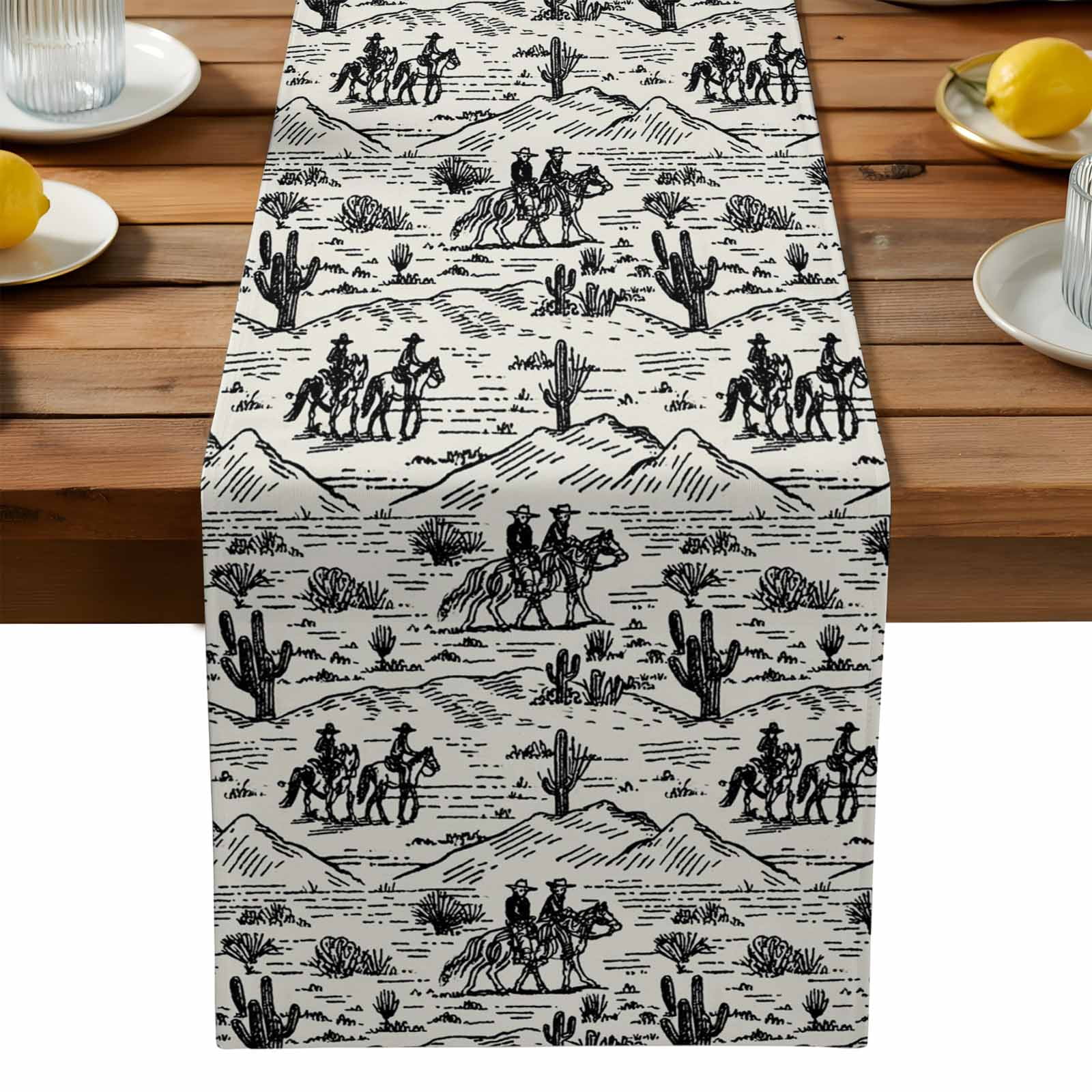 Beige White Western Cowboy Table Runner, Vintage Cactus Cowboy Hat ...