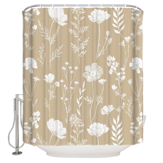 Beige Wildflowers Bathroom Shower Curtains with 12 Hooks Polyester ...
