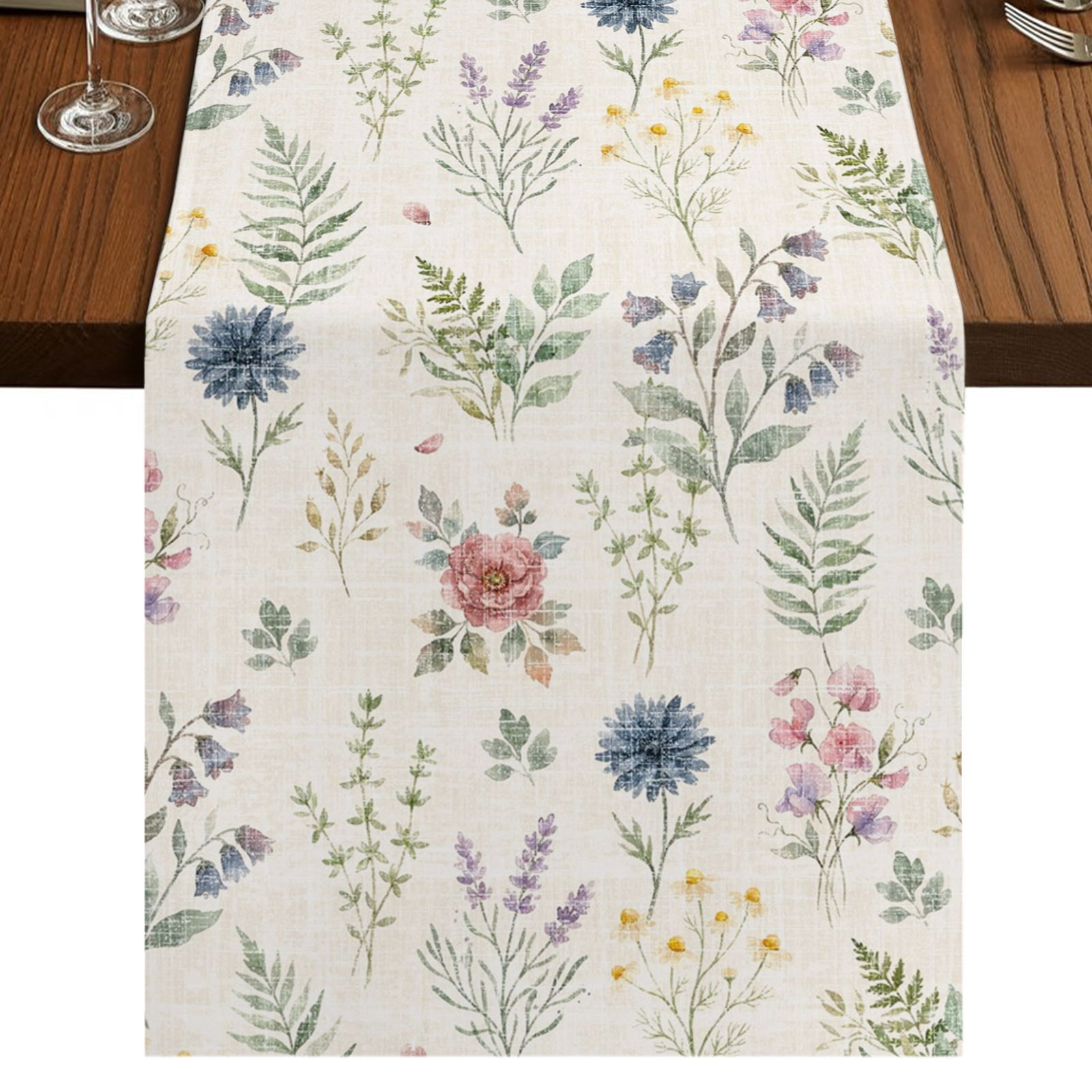 Beige Wildflowers Burlap Cotton Table Runner 13x108 Inches Long ...