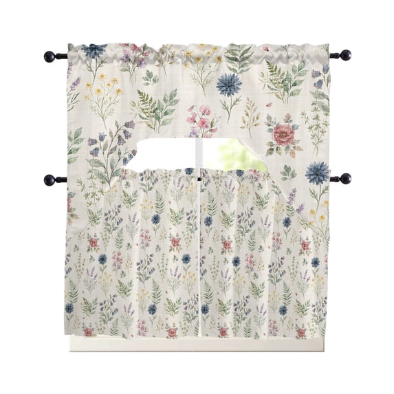 Beige Wildflowers Kitchen Curtains Set for Windows 3 Piece Cafe ...