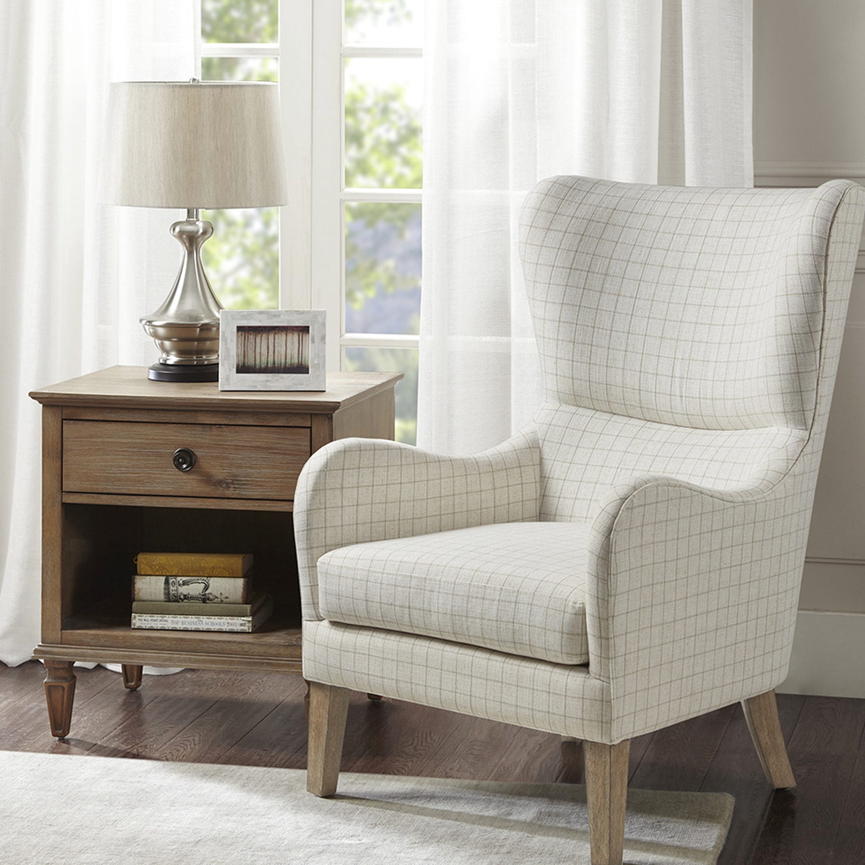 Beige Wing Chair with Solid Wood Legs and Piping | High - density Foam ...