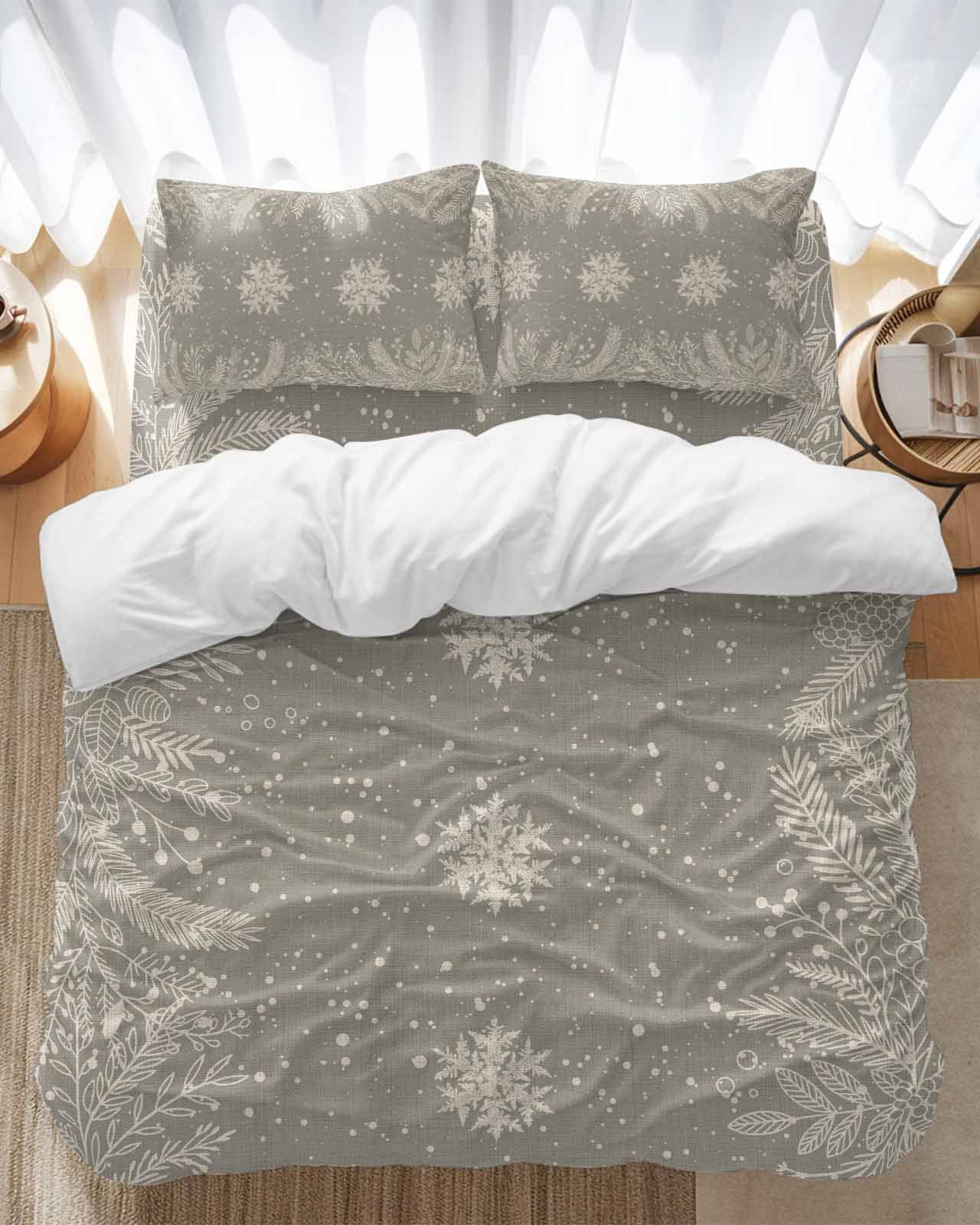 Beige Winter Snowflakes Bedding Duvet Cover Set Full Size 4 Pieces ...