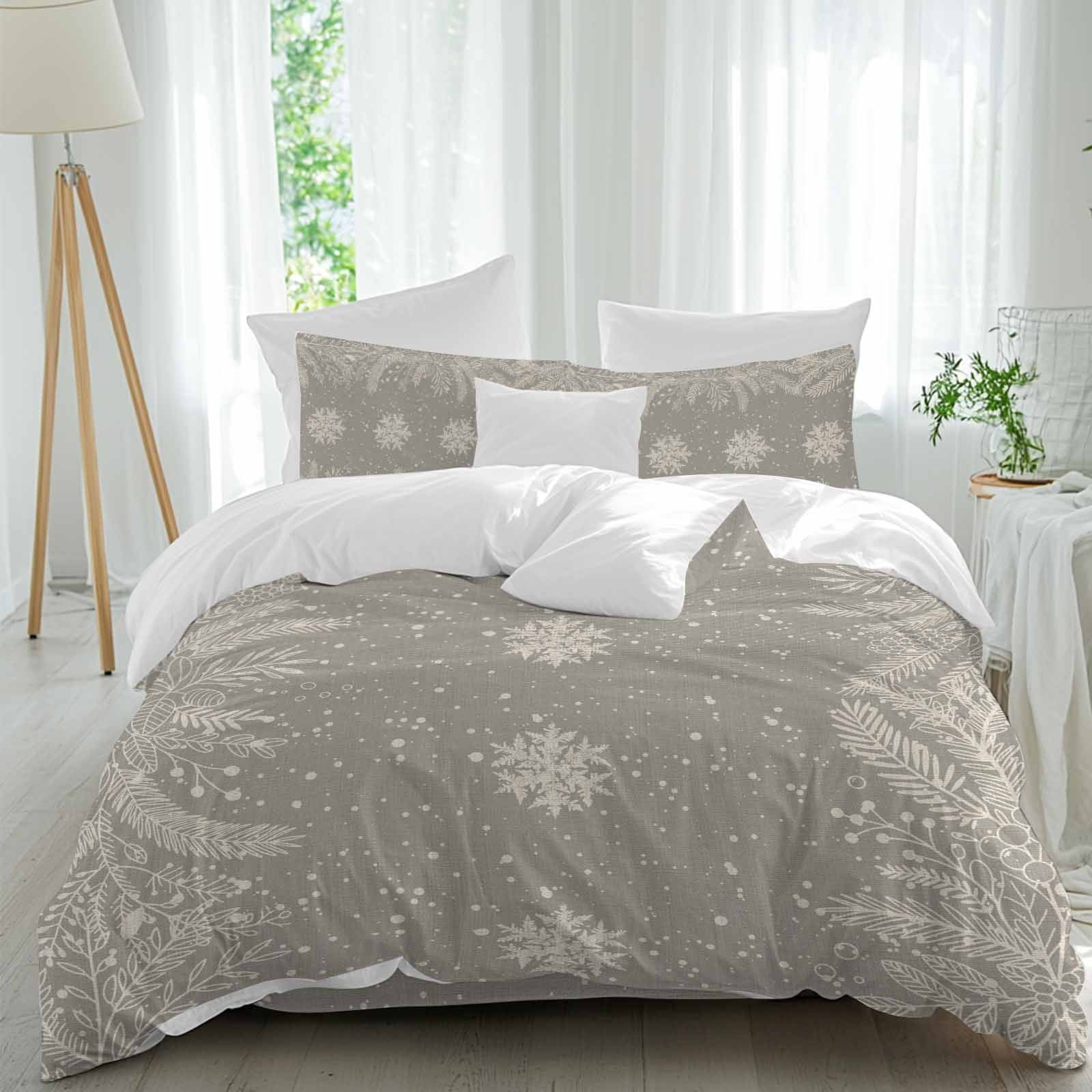 Beige Winter Snowflakes Duvet Cover Set Full Size, Plant Pine Branch ...