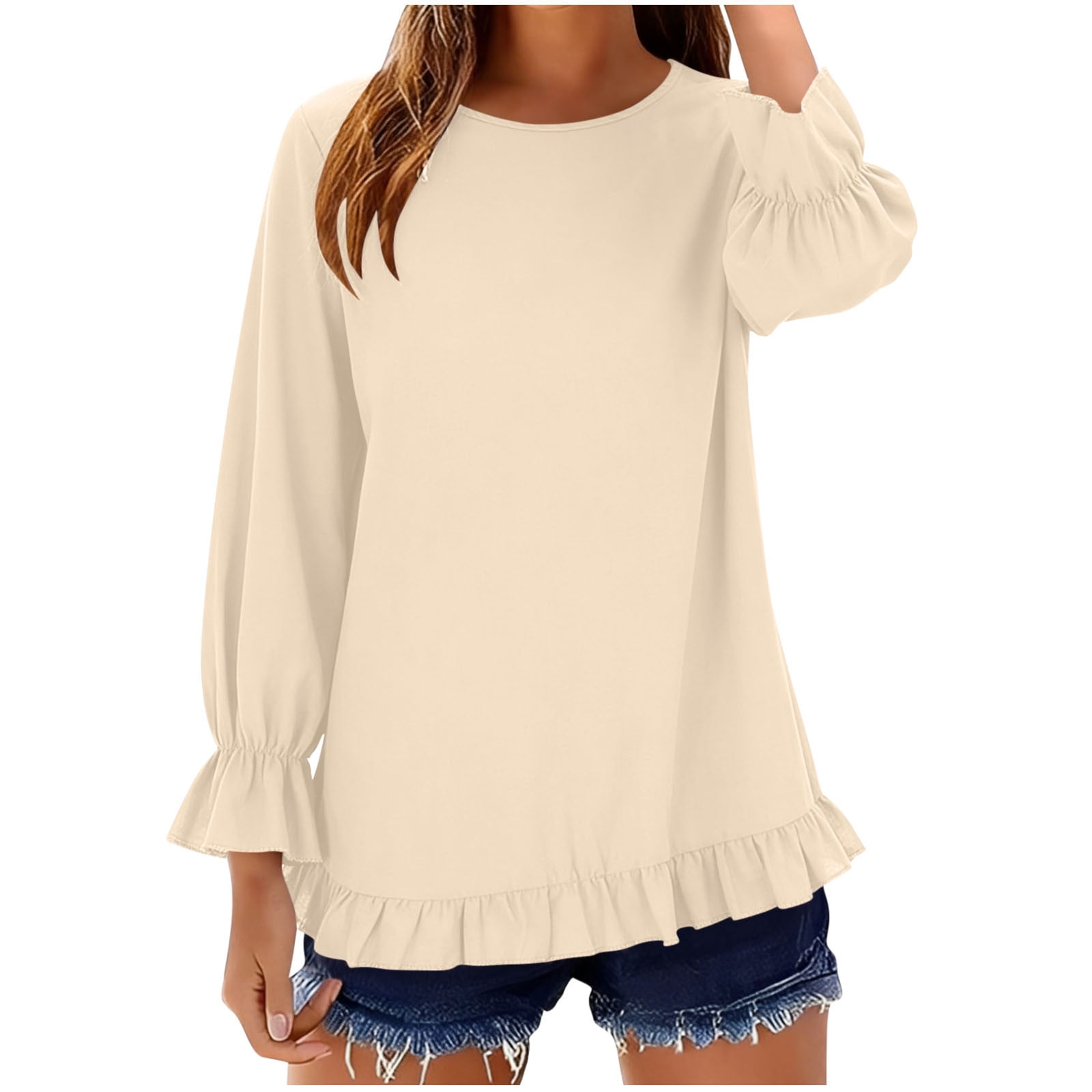 Beige Women Button Tshirts Long Sleeve Tops Tee for Teen Girls Crewneck ...