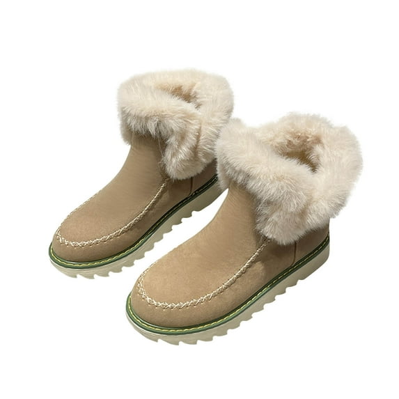 Beige Women Flip Hair Round Head Snow Boots With Velvet Insulation And ...