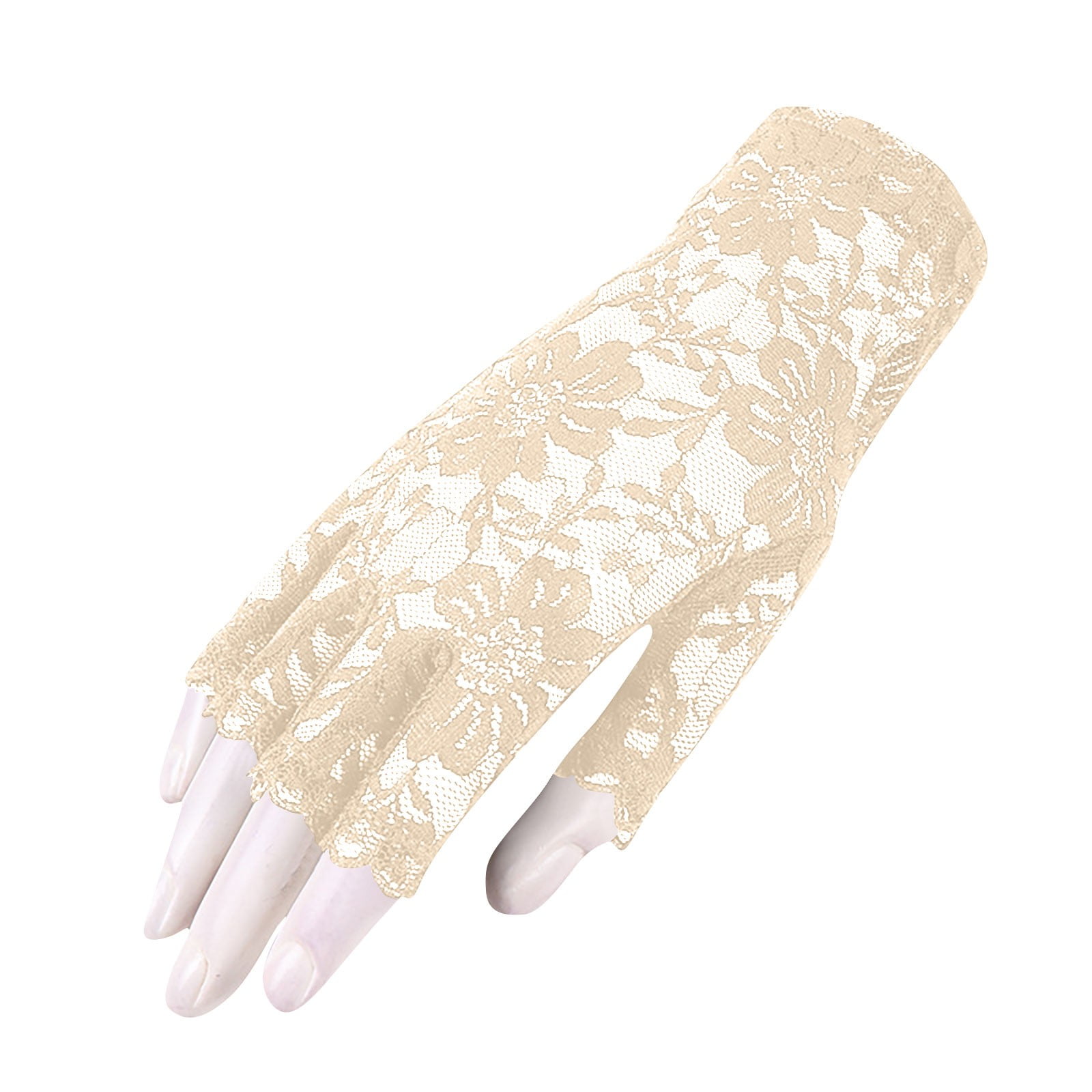 Beige Women Lace Fingerless Gloves With Floral Pattern, Breathable Mesh ...