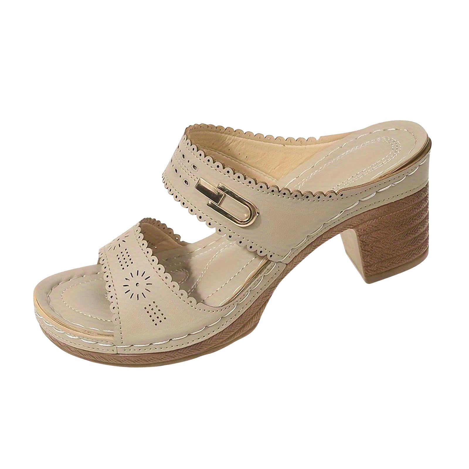 Beige Women Outdoor Baotou Thick-Soled High Heels Slippers For Summer ...