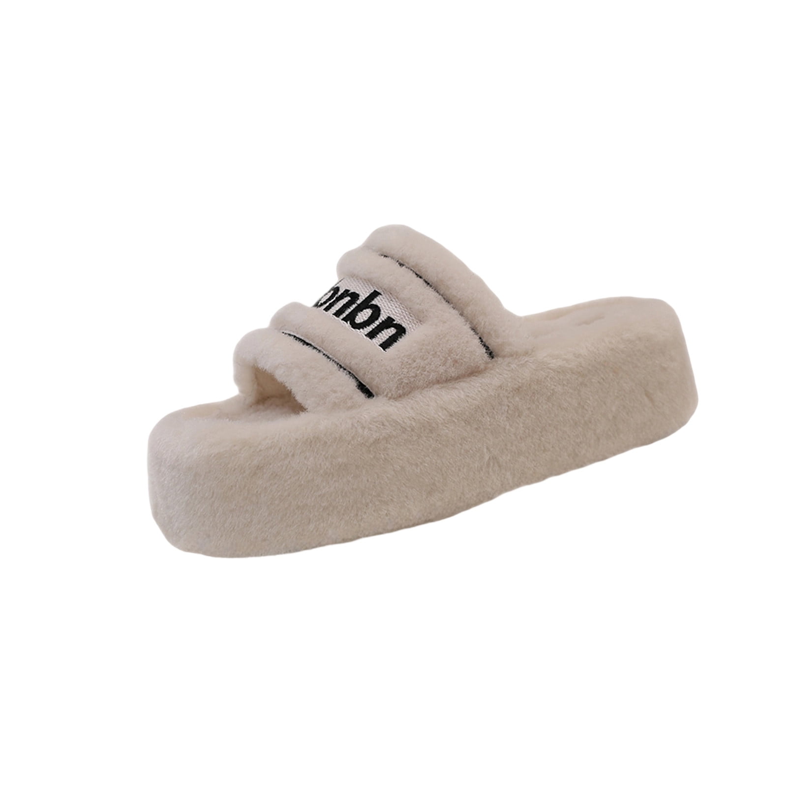 Beige Women Plush Embroidered Slippers Thick Sole Height Boost Cozy ...