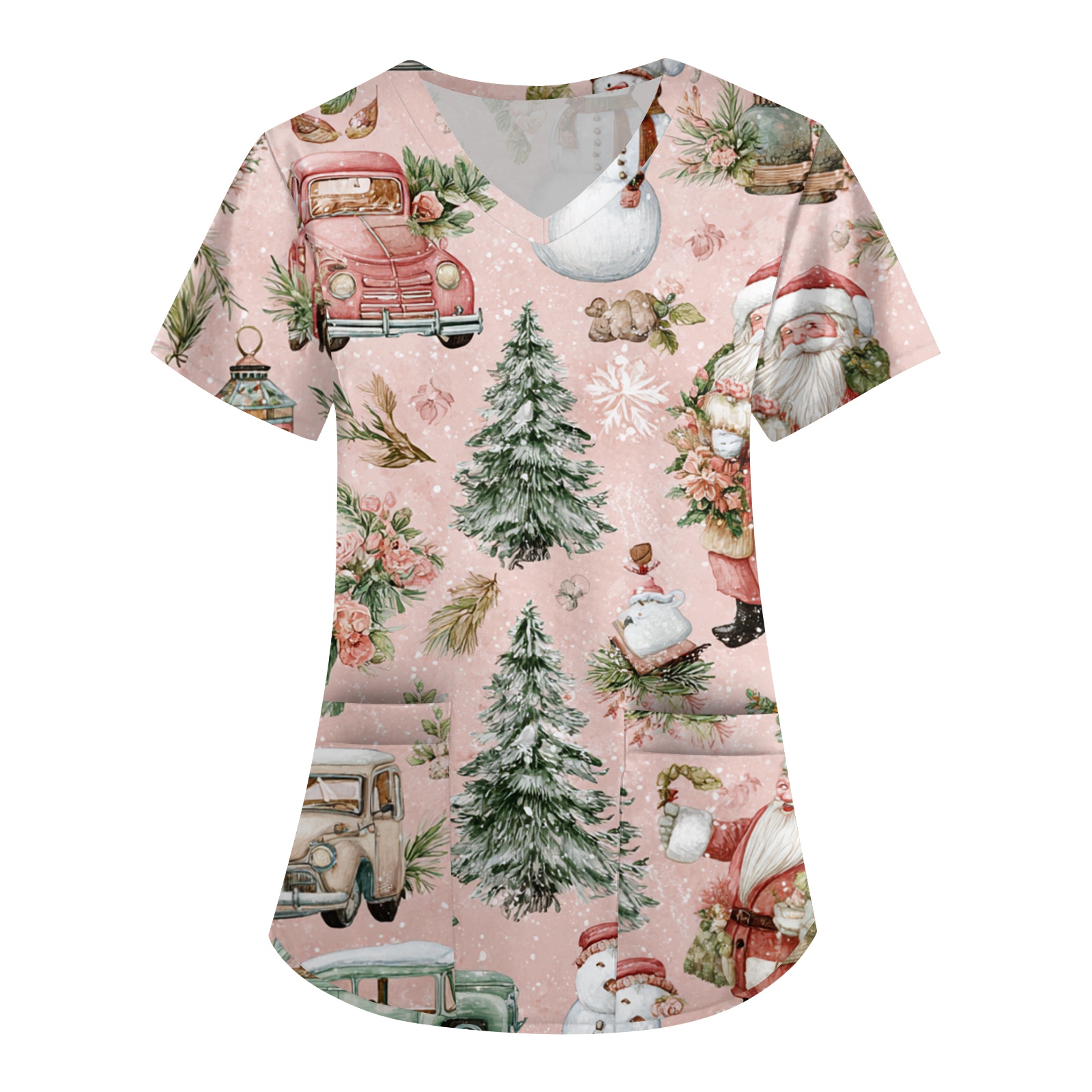 Beige Women'S Christmas Motif Colourful Care Tunic Short Sleeve V-Neck ...
