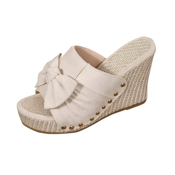 Beige Women'S Comfortable Large Bow Metal Woven Straw Wedge Sandals ...