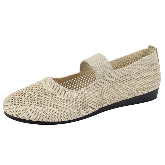 Beige Women'S Everyday Flat Work Shoes With Round Toe And Soft Knit ...