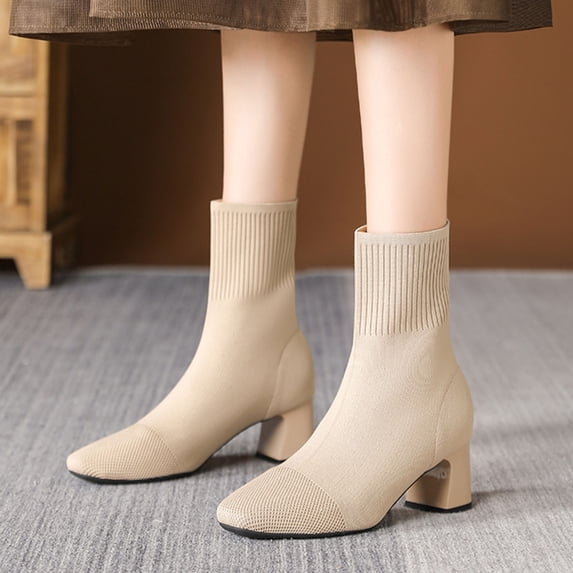 Beige Women'S Fashion Knitted Ankle Boots With Pointed Toe And High ...