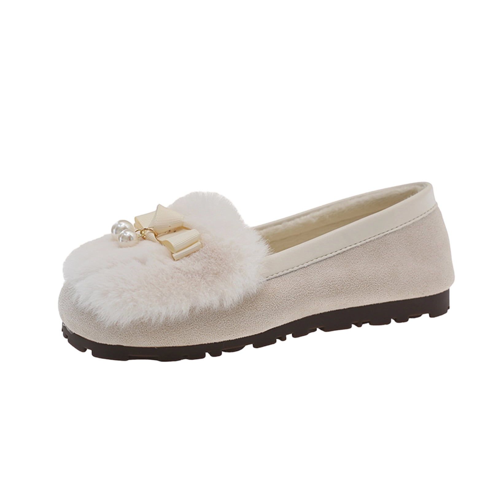 Beige Women'S Flat Shoes With Pearl Bow Detail Fleece Lined Comfortable ...