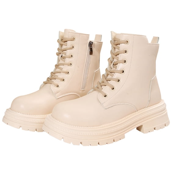 Beige Women'S High Heel Boots With Round Toe And Lace-Up For ...