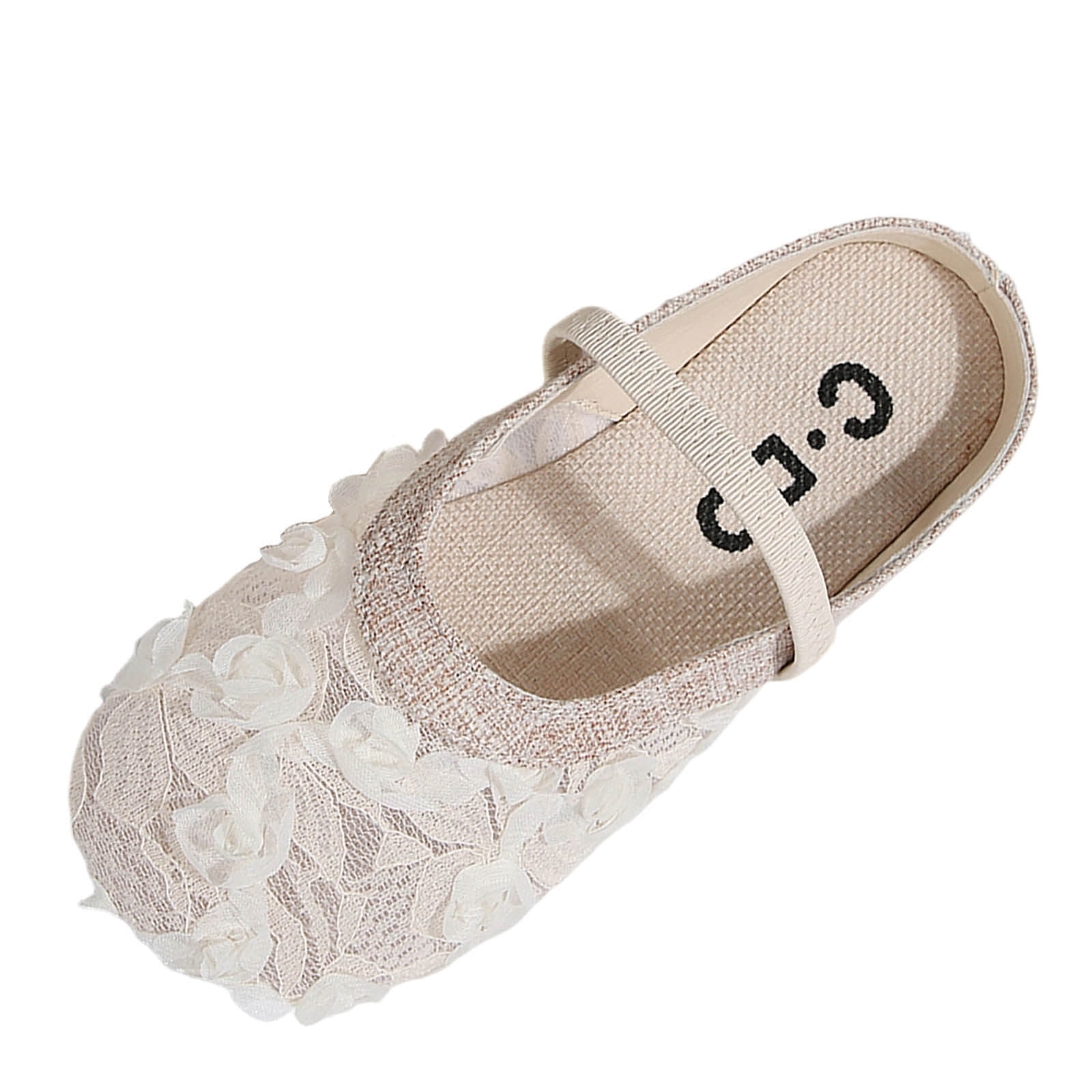 Beige Women'S Mary Jane Flats With Lace Flower Detail Comfortable ...