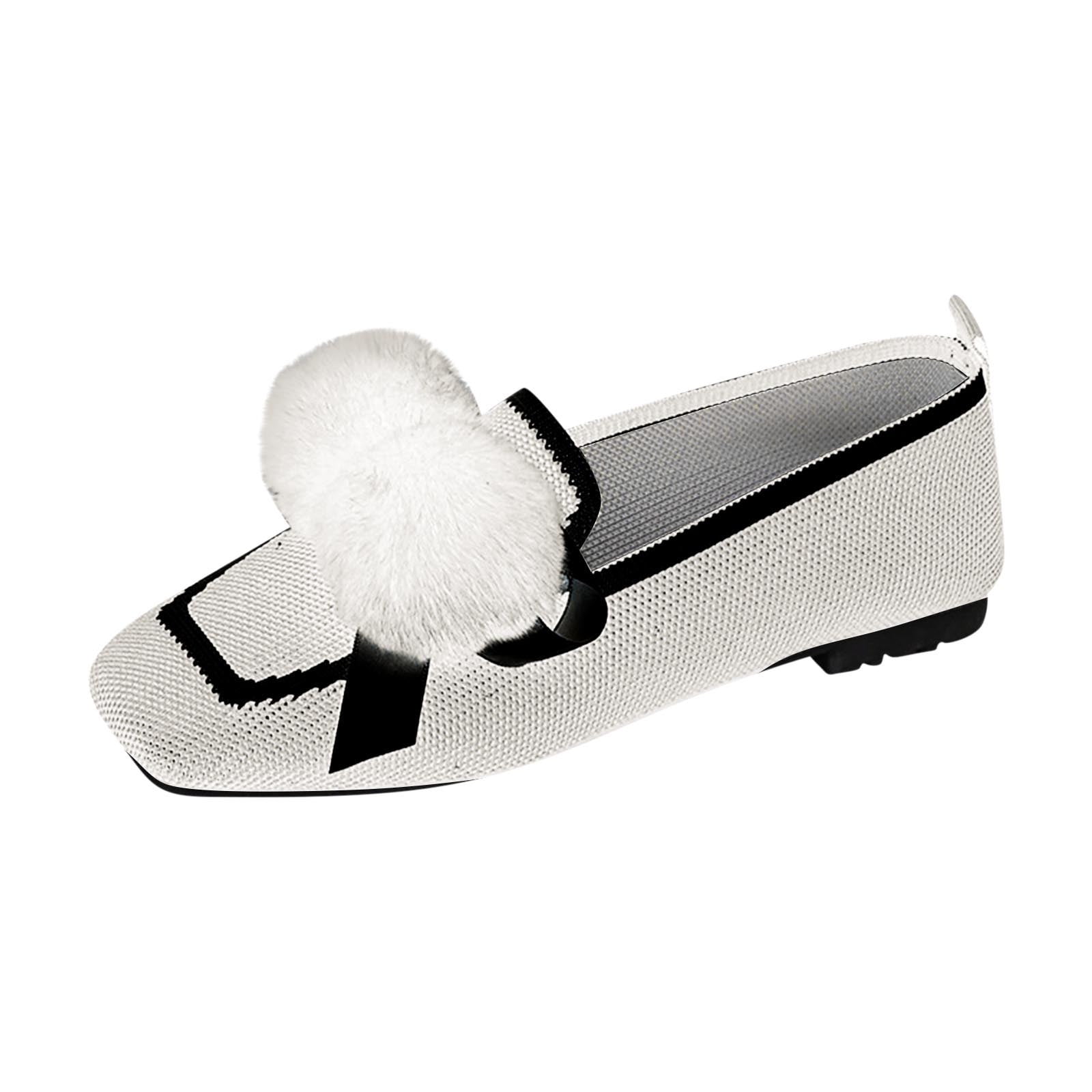 Beige Women'S Slip-On Flats With Cute Pom Pom, Mesh Construction For ...