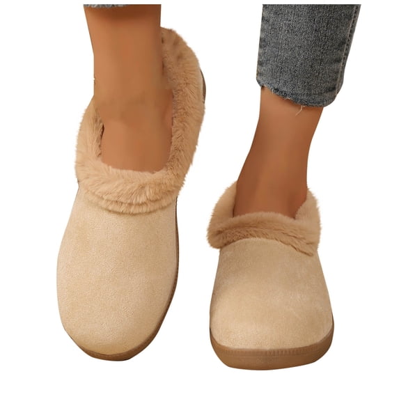 Beige Women'S Solid Color Ankle Boots Flat Heel Round Toe Warm Plush ...