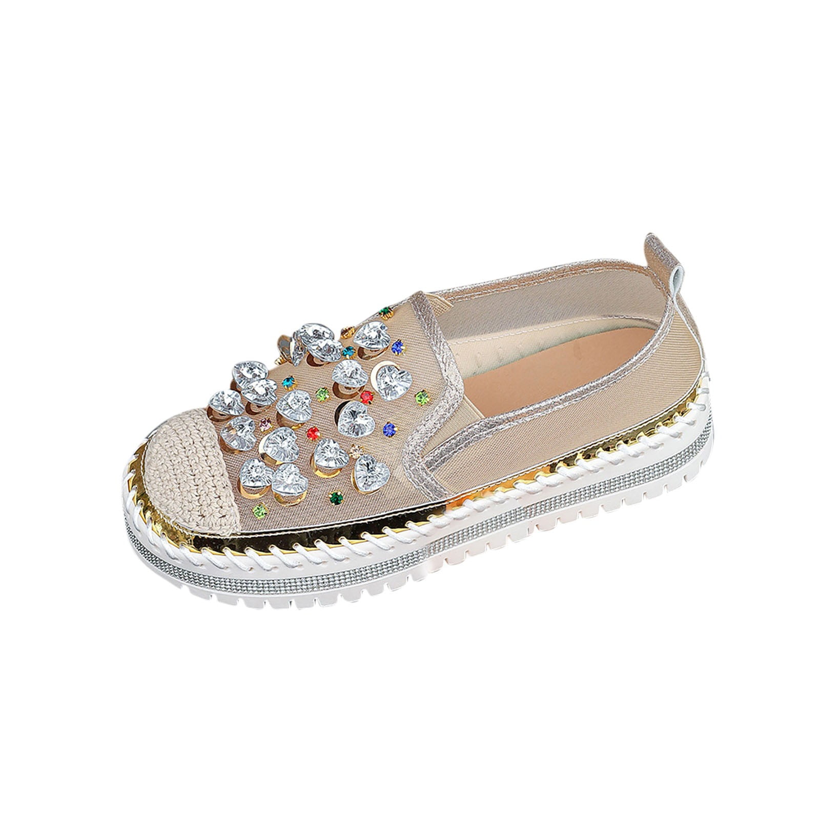 Beige Women'S Summer Slip On Mesh Shoes Rhinestone Casual Woven ...