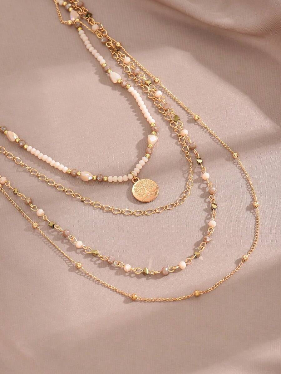 Beige Women Vintage Multi-Layer Rice Bead Necklace With Goldtone Chain ...