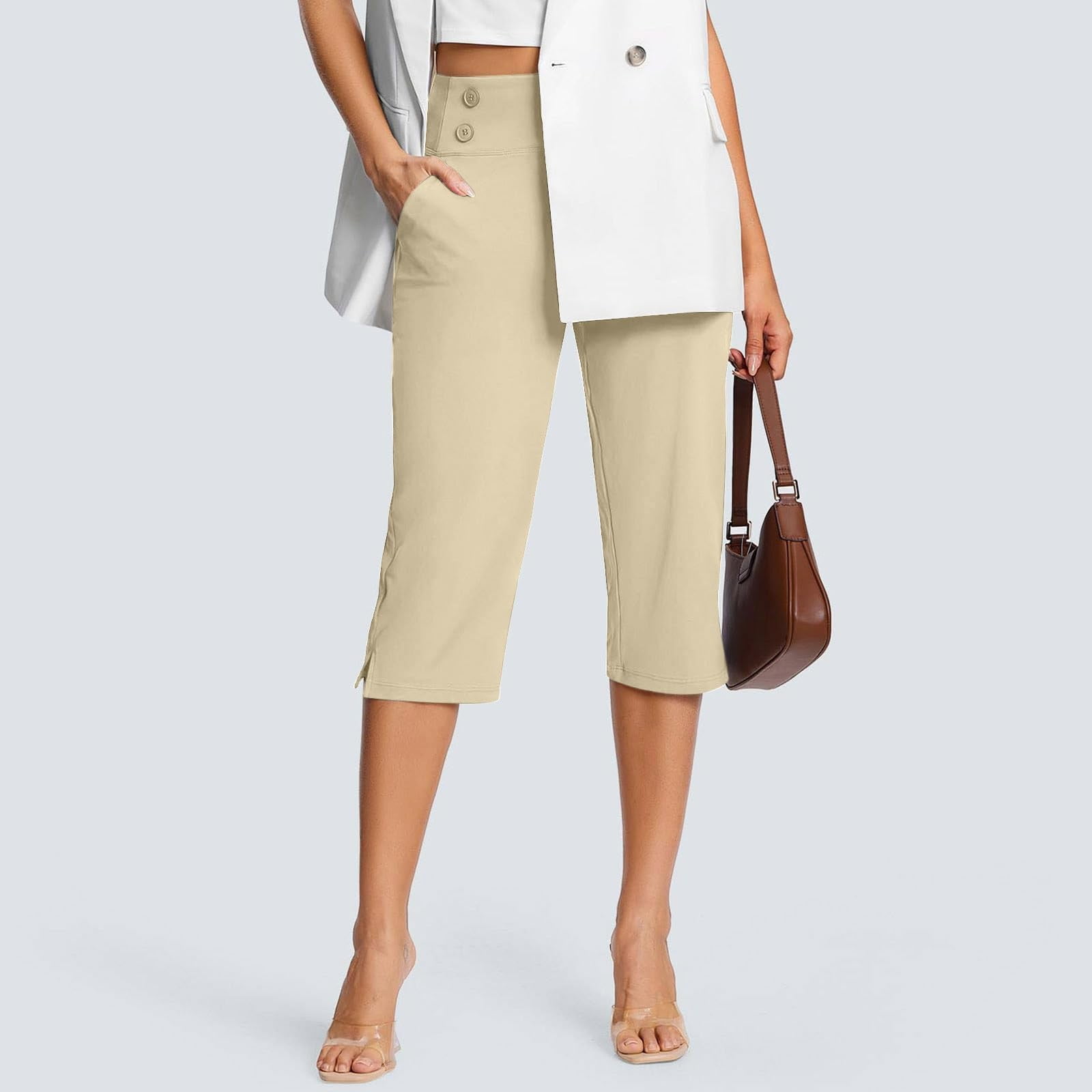 Beige Women's Shorts Pants for Women High Waisted Crop Work Pants ...