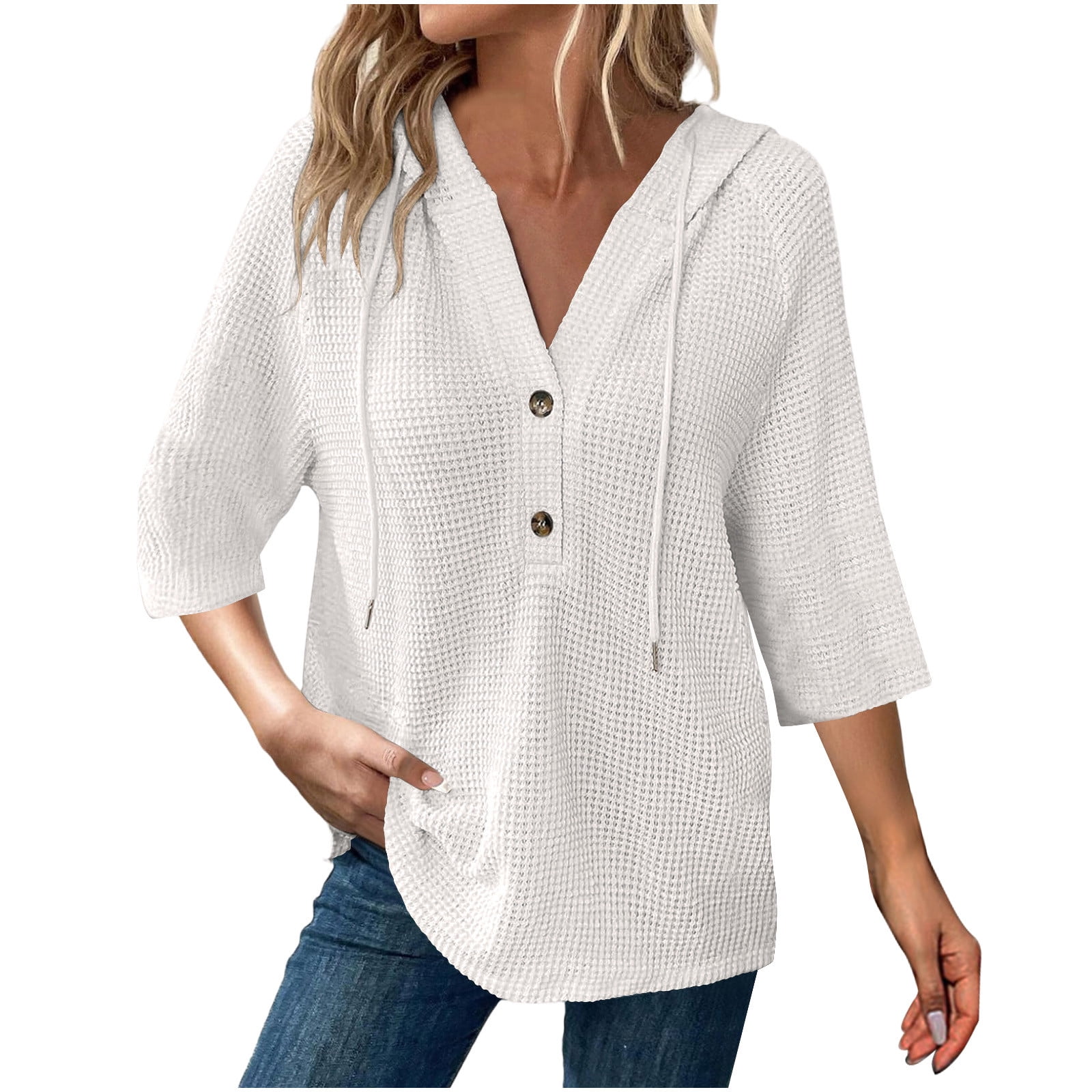 Beige Womens 3/4 Sleeve Hoods Coat for Women Vneck Spandex Brunch ...