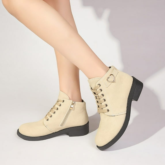 Beige Womens Ankle Boots Low Heel Fall Winter Short Booties Side Zipper ...