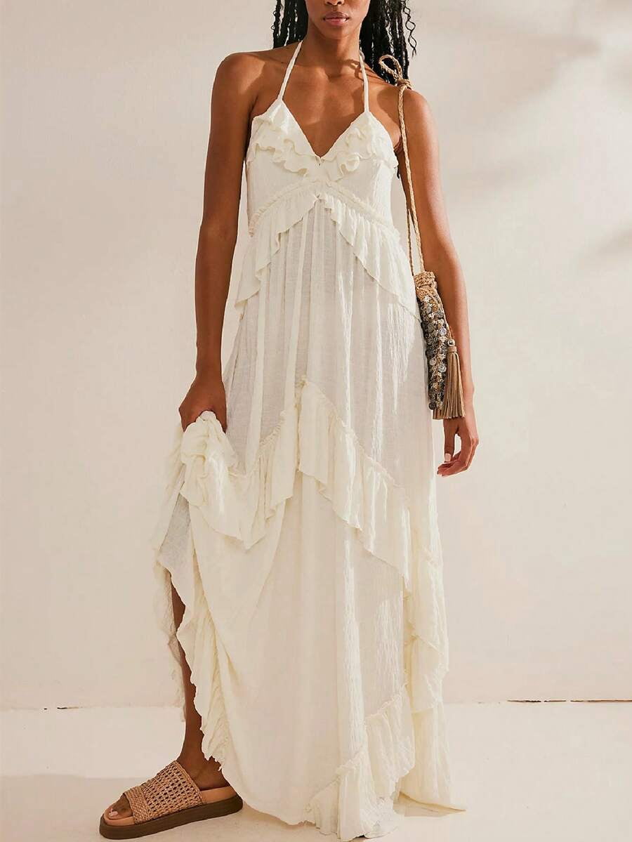 Beige Womens Boho Spaghetti Strap Maxi Dress With Tiered Ruffles Low ...