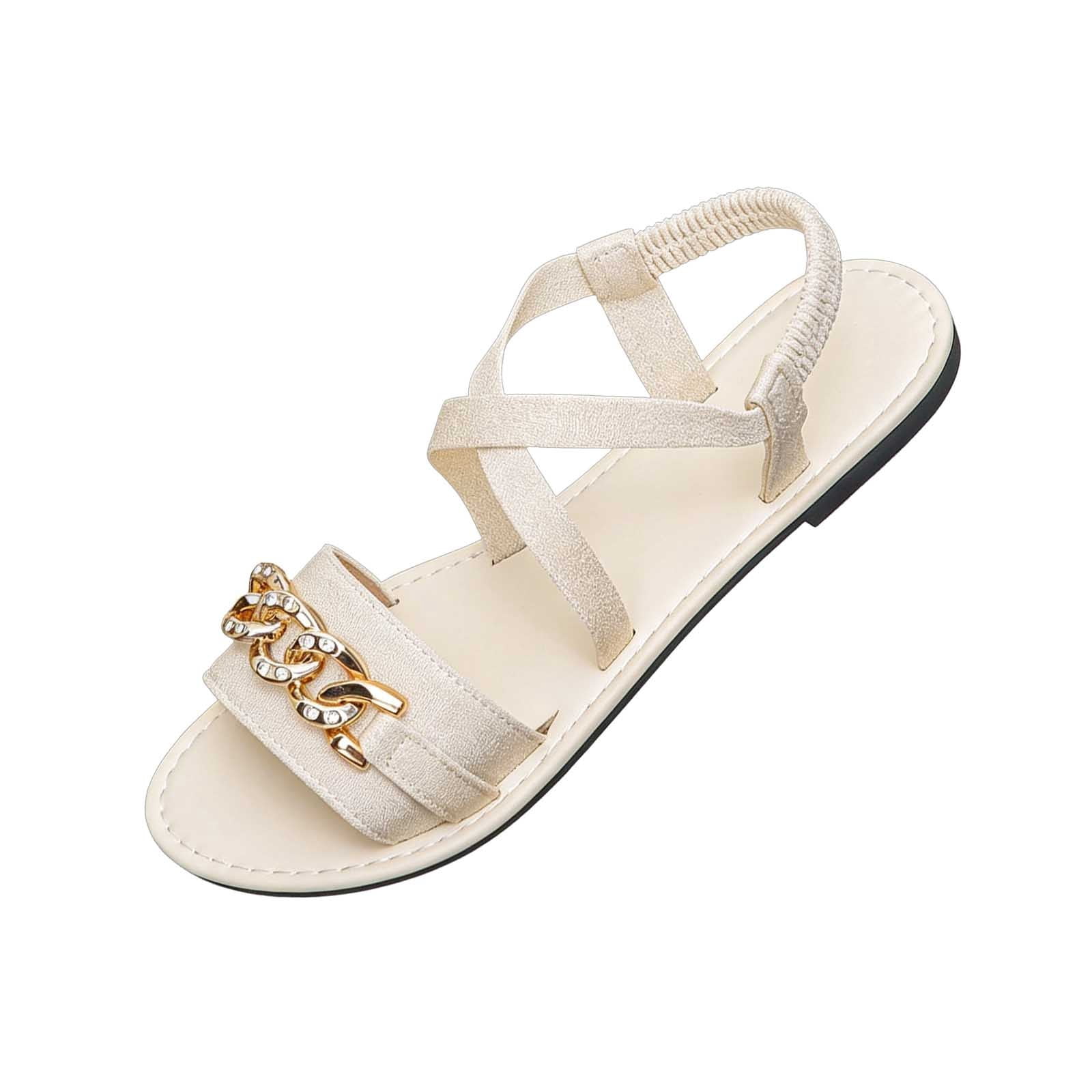 Beige Womens Crystal Chain Elastic Sandals Flat Solid Color Versatile ...