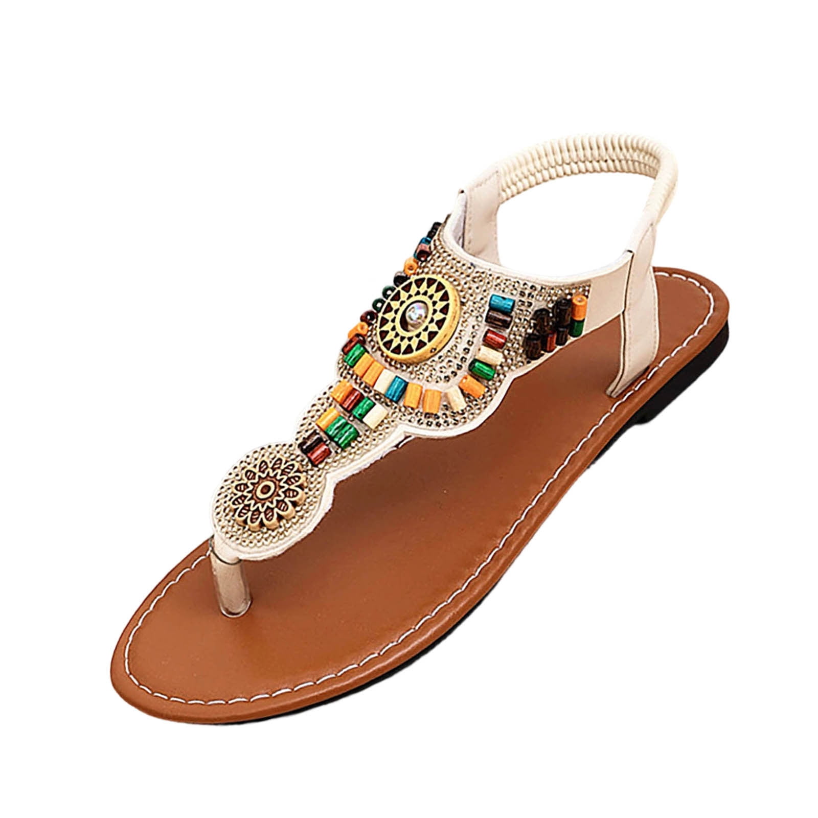 Beige Womens Flat Sole Thong Sandals With Bohemian Chic Rhinestone And ...
