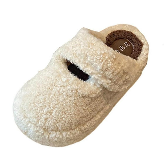 Beige Womens Furry Slippers Casual Thick Sole With Letters For Indoor ...