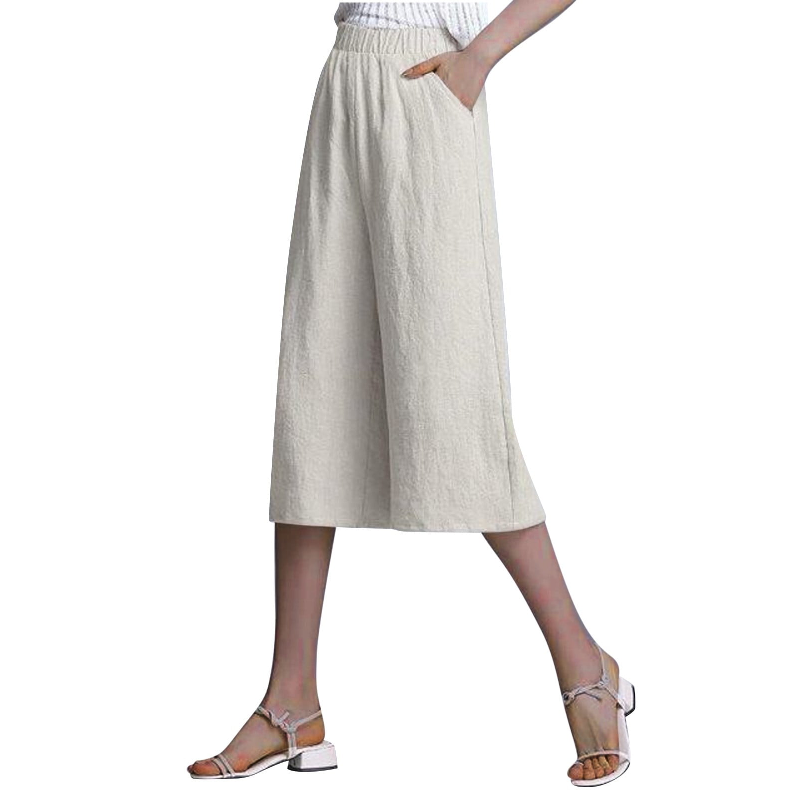 Beige Womens Loose Fit Pants for Ladies Faux Gauze Linen Casual Capri ...