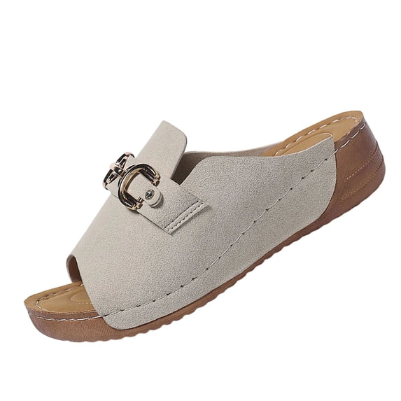Beige Womens Metal Buckle Closed Toe Casual Sandals Thick Soled Wedge ...
