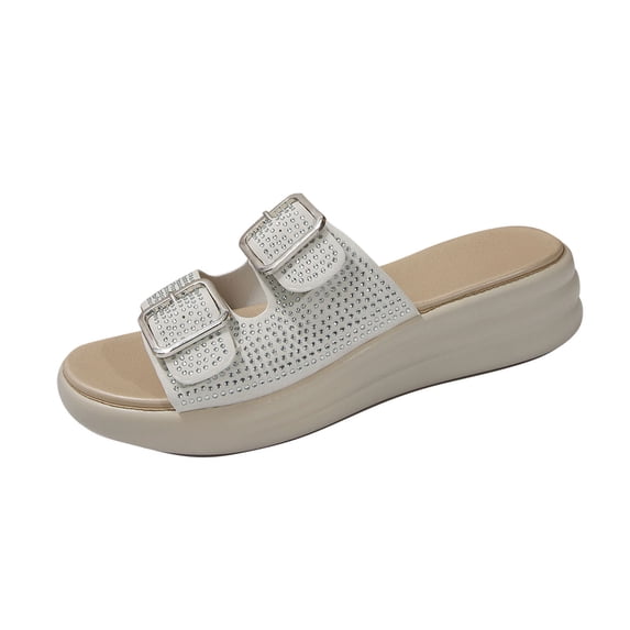 Beige Womens Platform Rhinestone Slippers Belt Buckle Fish Mouth Open ...