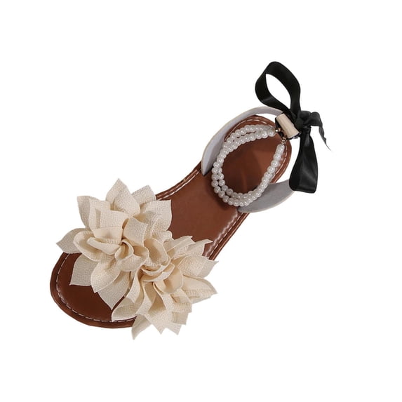Beige Womens Round Toe Flower Pearl Bowknot Open Flat Sandals Summer ...