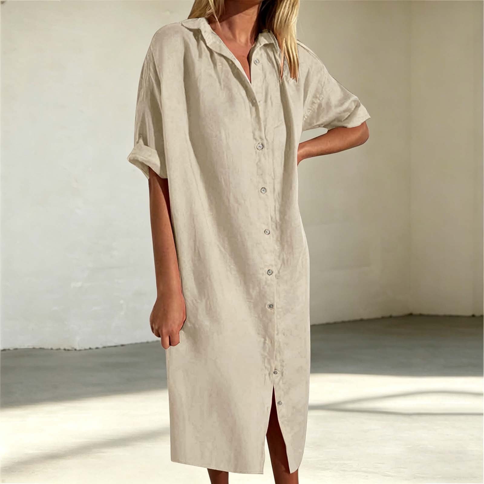 Beige Womens Shirt with Slit Long Midi Knee Length Loose Fit Long Dress ...