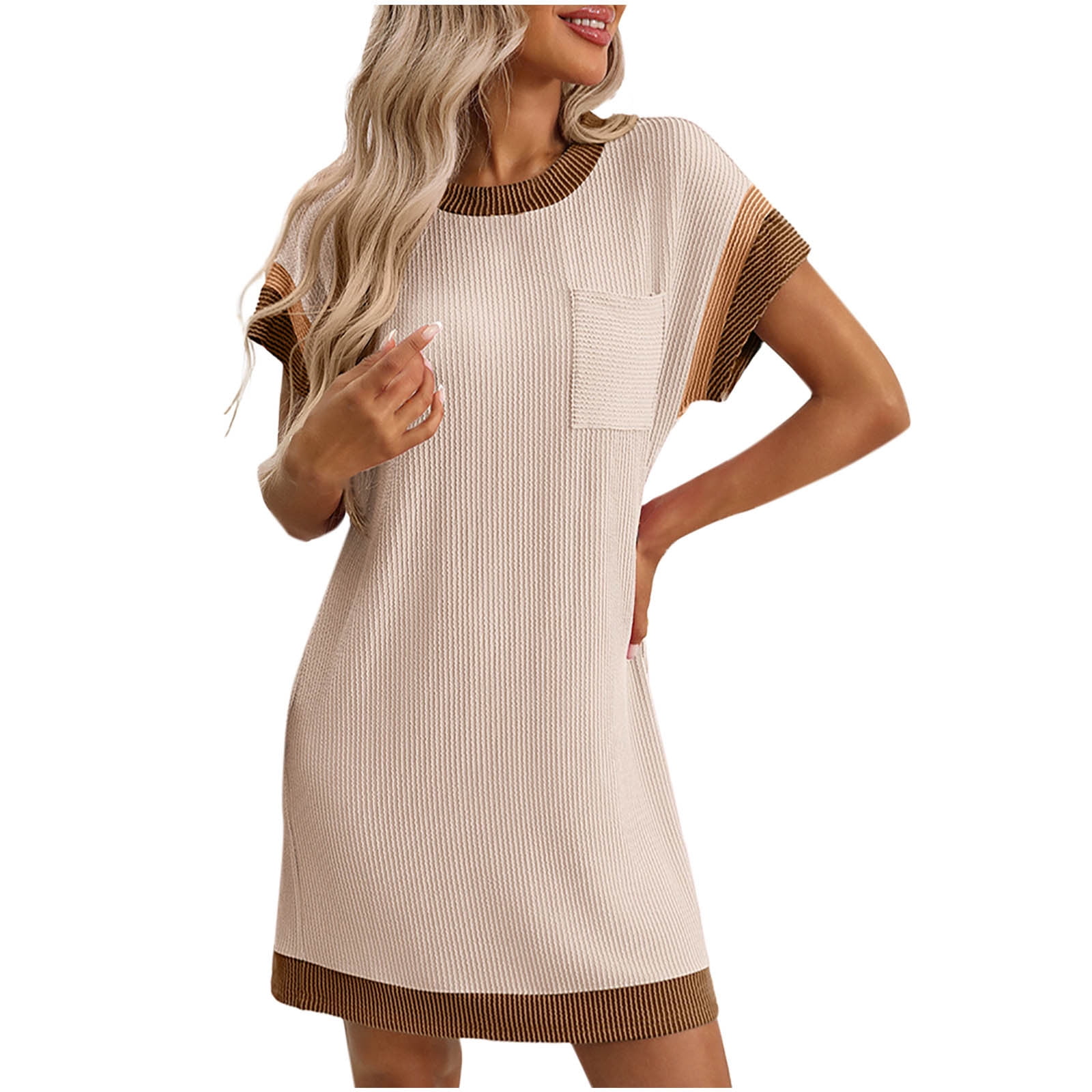 Beige Womens Short Sleeve Color Block Dresses for Ladies Boat Neck ...