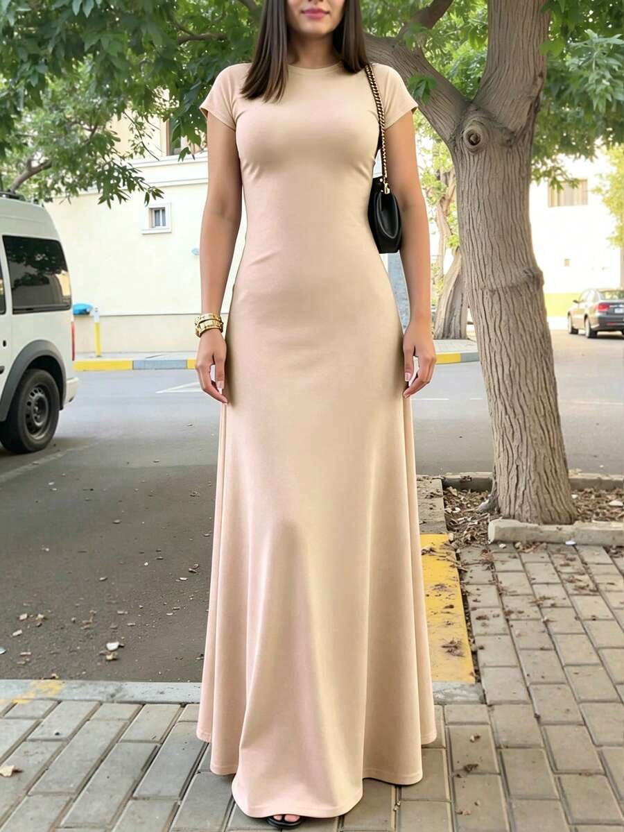 Beige Womens Solid Color Fitted Waist Maxi Dress With Short Sleeves For ...