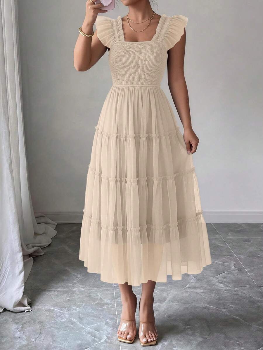 Beige Womens Square Neck Ruffle Sleeve Tiered Tulle Midi Dress For ...