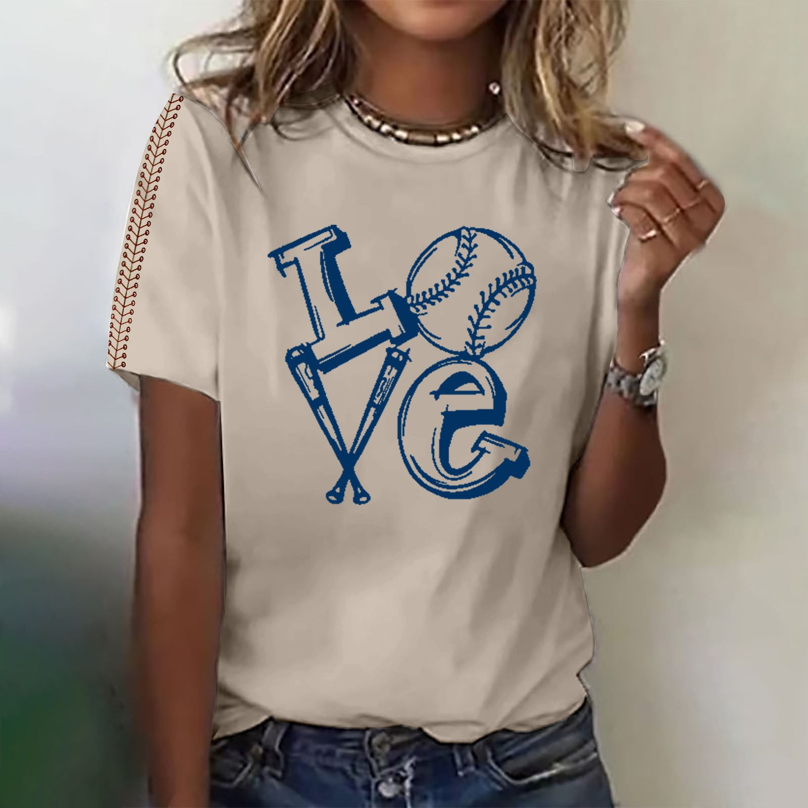 Beige Womens Tops 2025 Summer Women's Baseball Print T Shirts for Women ...